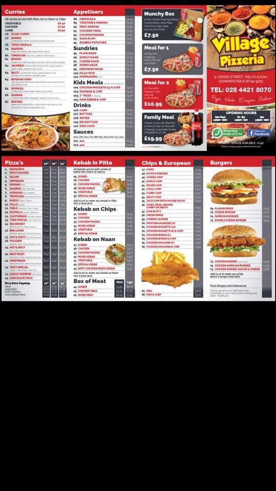 Menu at Kaz Kebabs pizzeria, Killyleagh