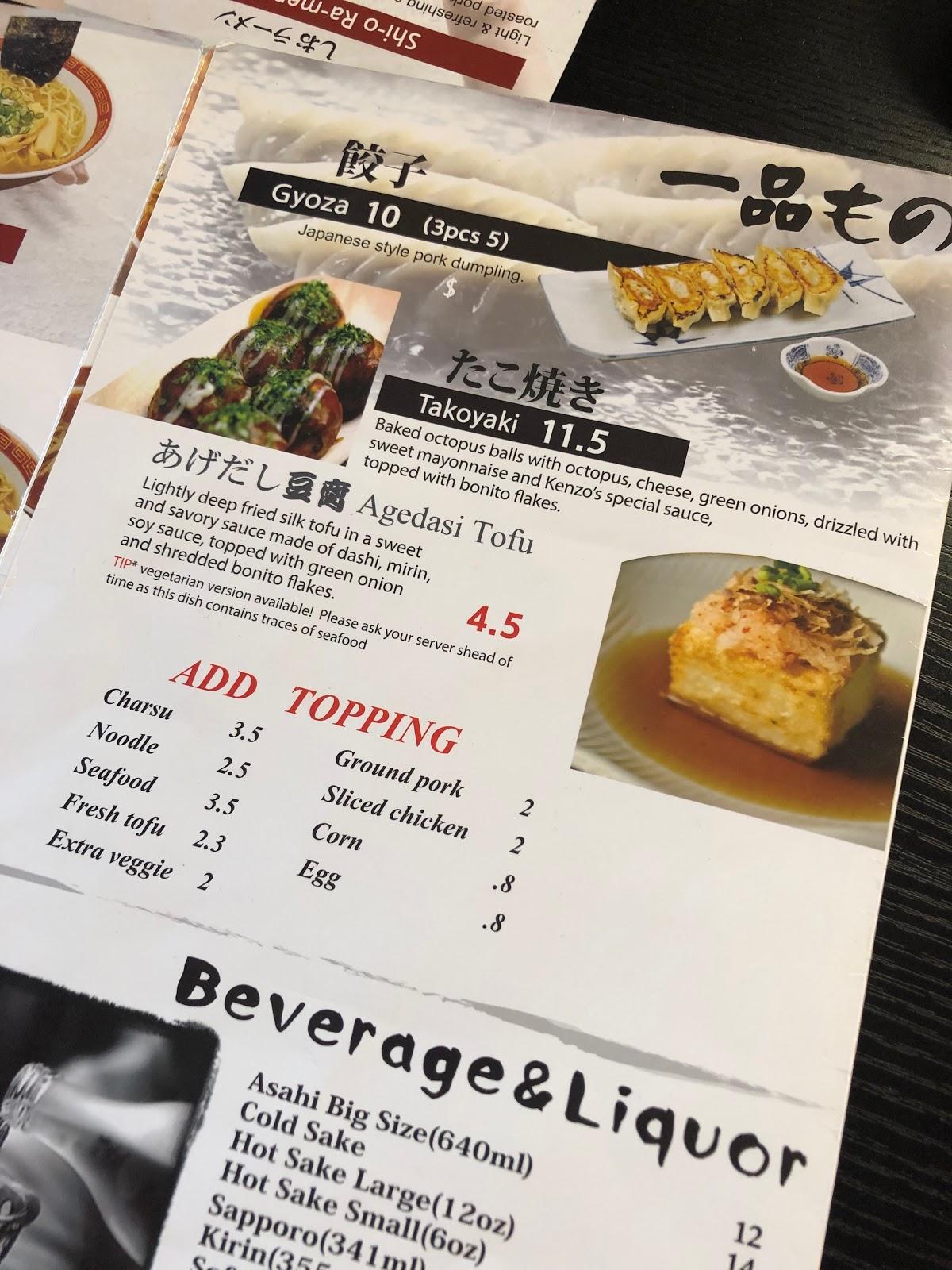 Menu at Kenzo Ramen restaurant, Oshawa, 24 King St E