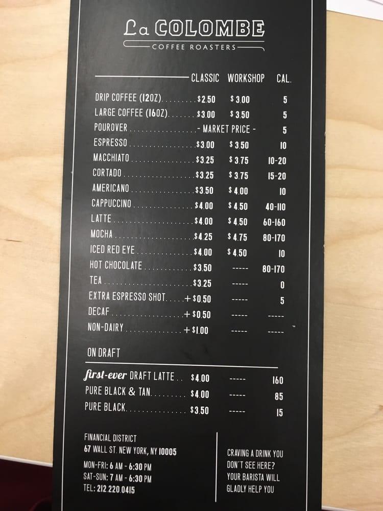 Carta del café La Colombe Coffee Roasters, Nueva York, 67 Wall St