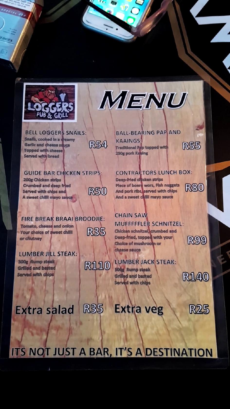 Menu at Loggers Pub & Grill, Sabie