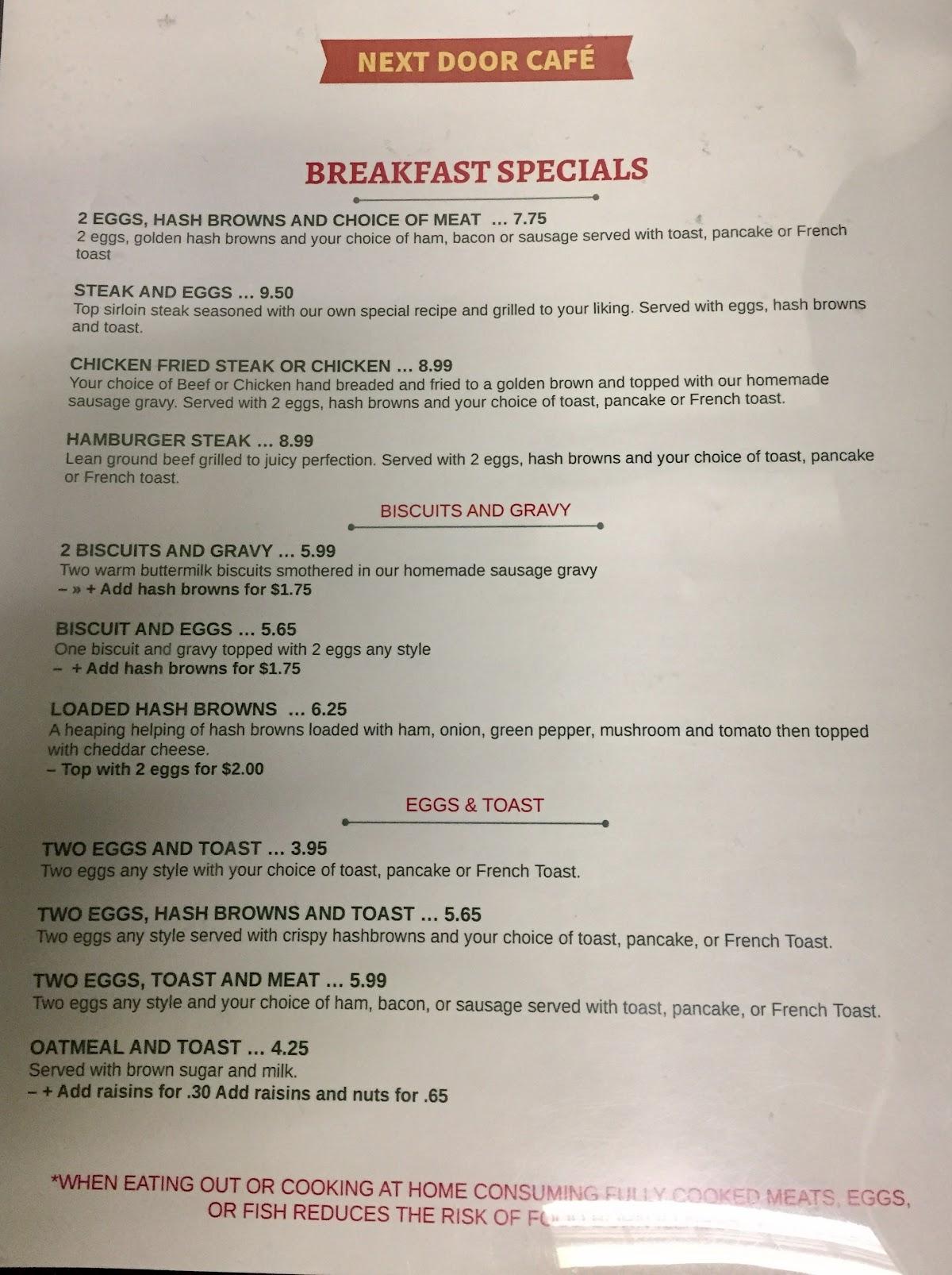 Menu at Next Door Cafe, New Richmond