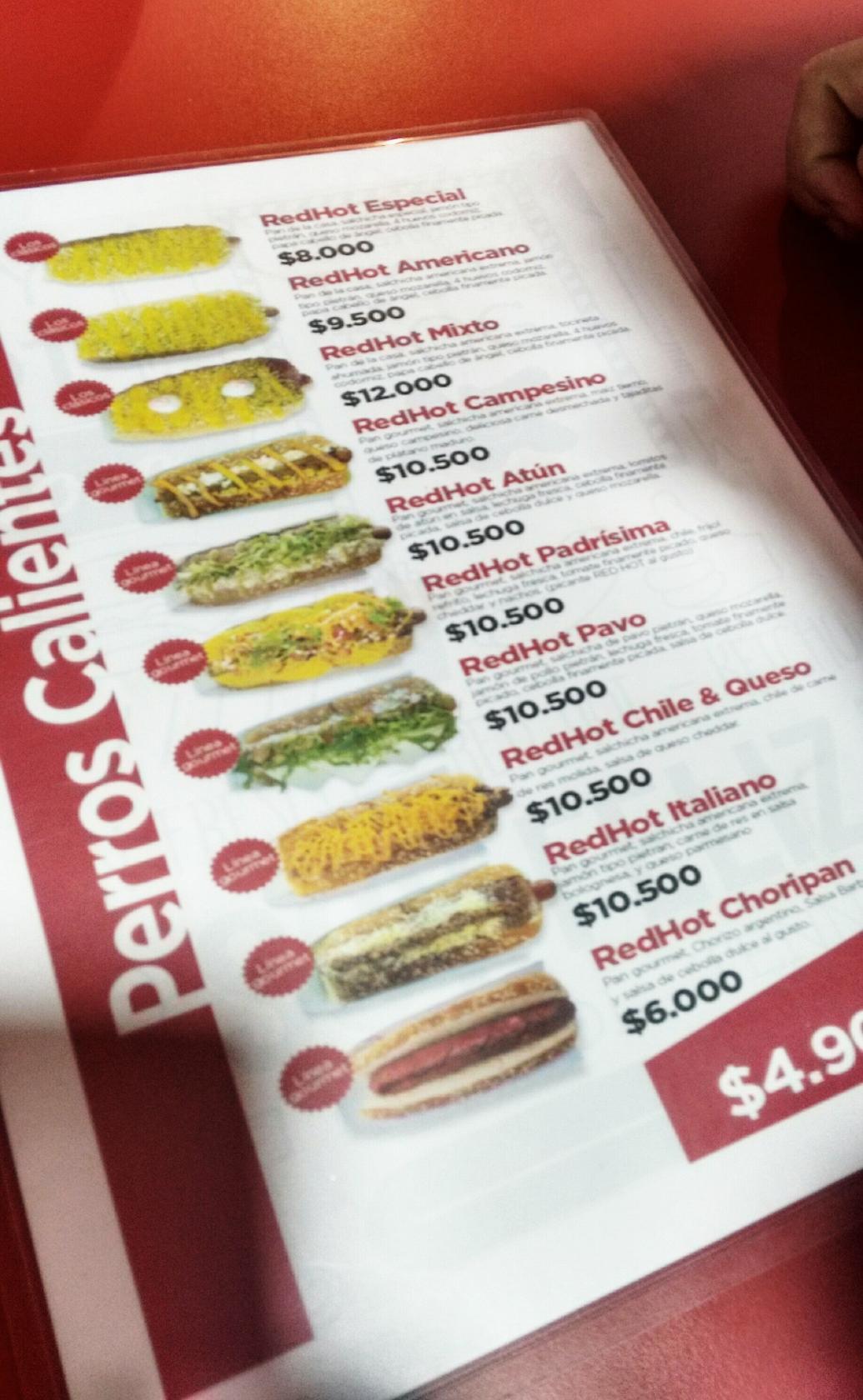 Menu at Red Hot restaurant, Bogotá, Transversal 71D 4A 05 Sur