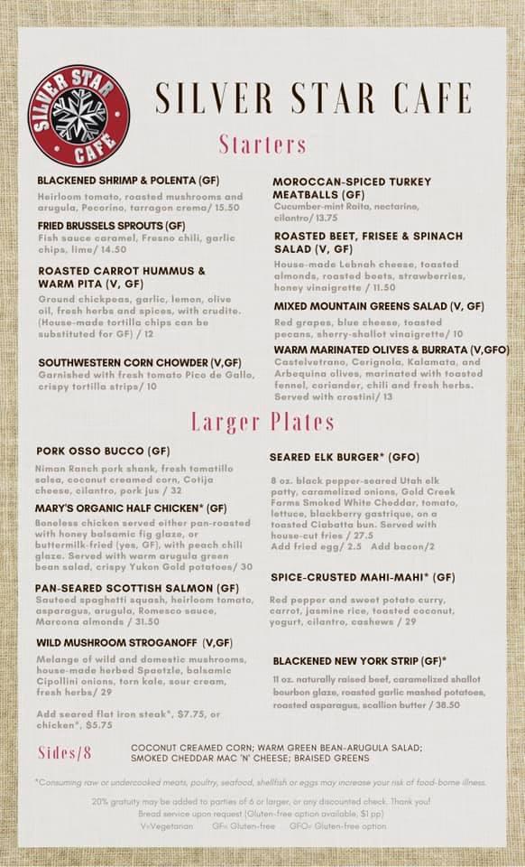 Menu at Silver Star Cafe, Park City