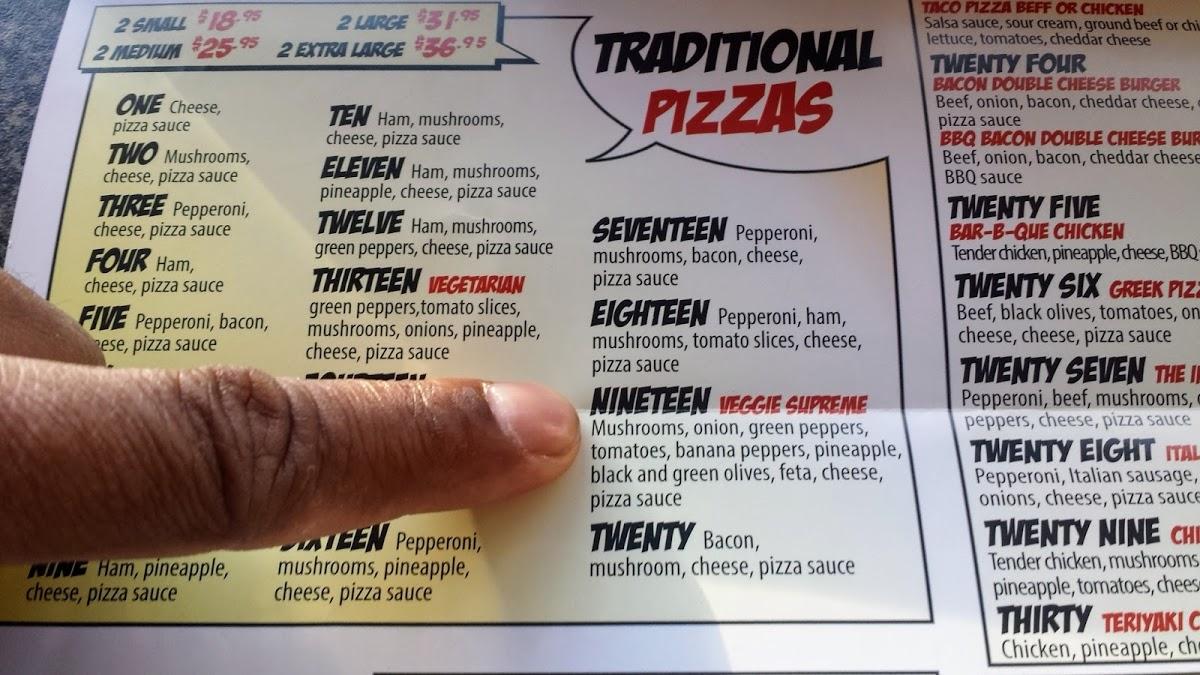 Menu at TJ's Pizza restaurant, Swift Current