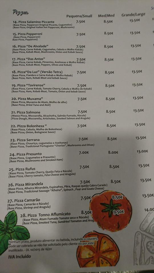 Menu em Tavira La Pizza restaurante, Tavira