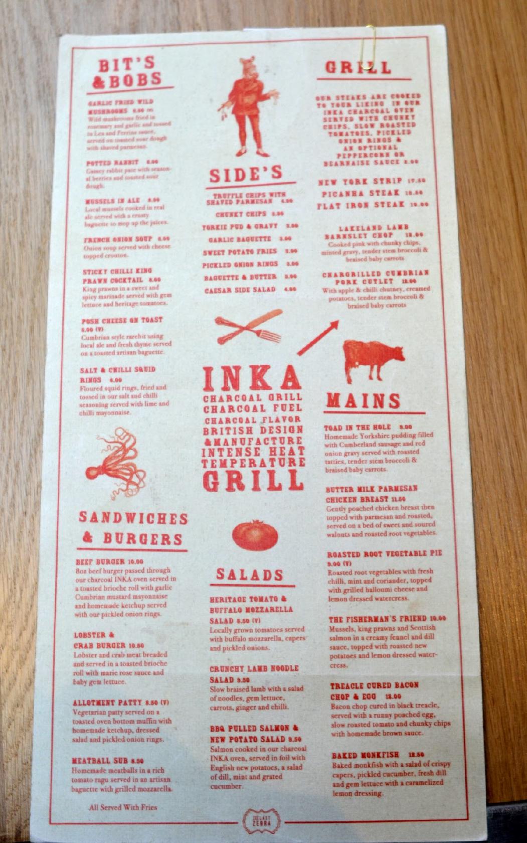 Menu at The Last Zebra restaurant, Carlisle