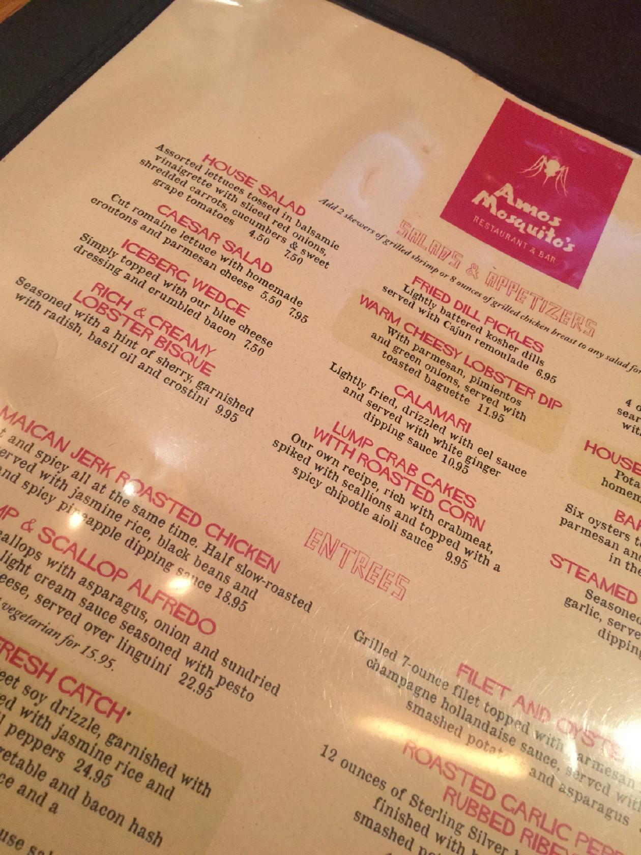 Menu at Amos Mosquito's Restaurant, Atlantic Beach