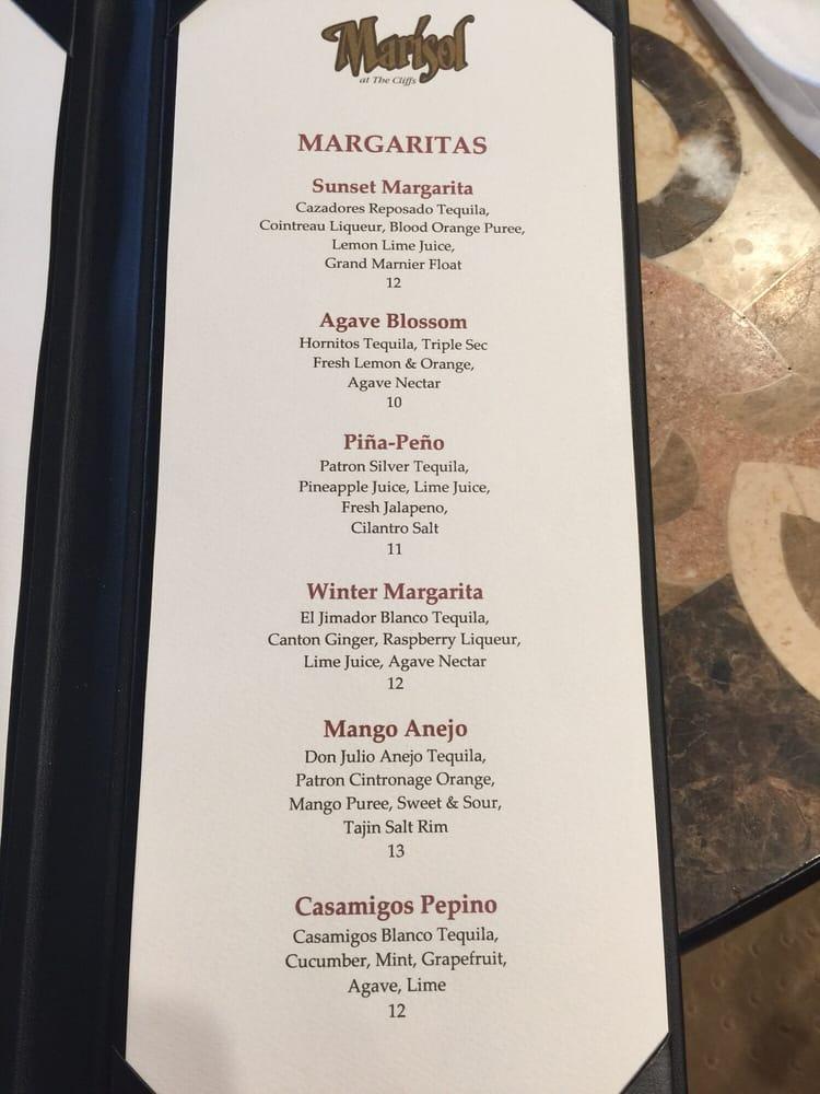 Menu at Marisol at The Cliffs restaurant, Pismo Beach