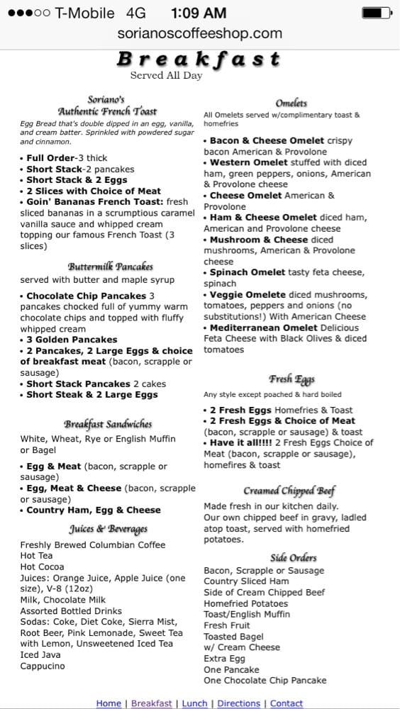 Menu at Soriano's Restaurant & Coffee Shop, Ocean City