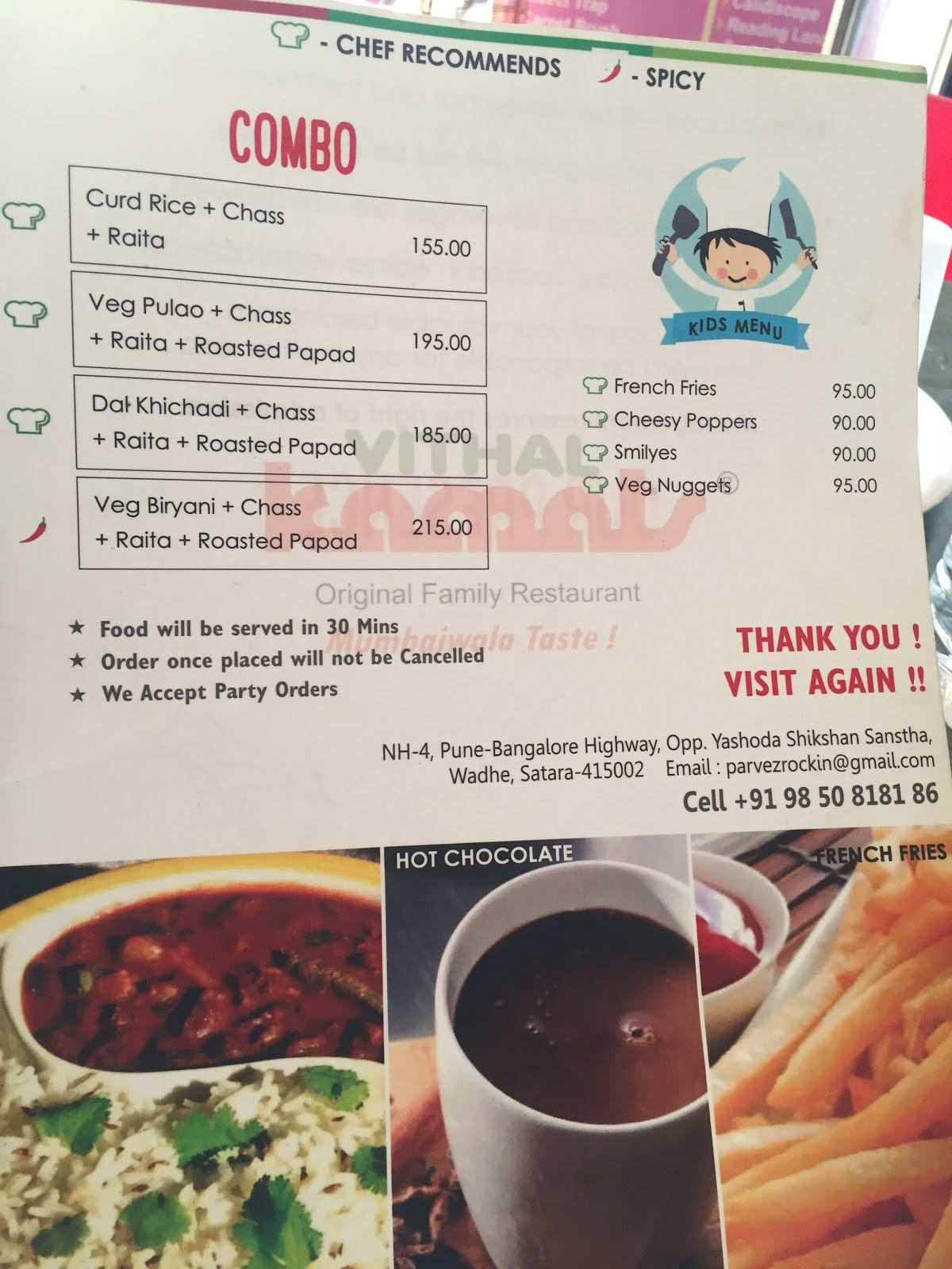 Menu at Vithal Kamat, Mahabaleshwar