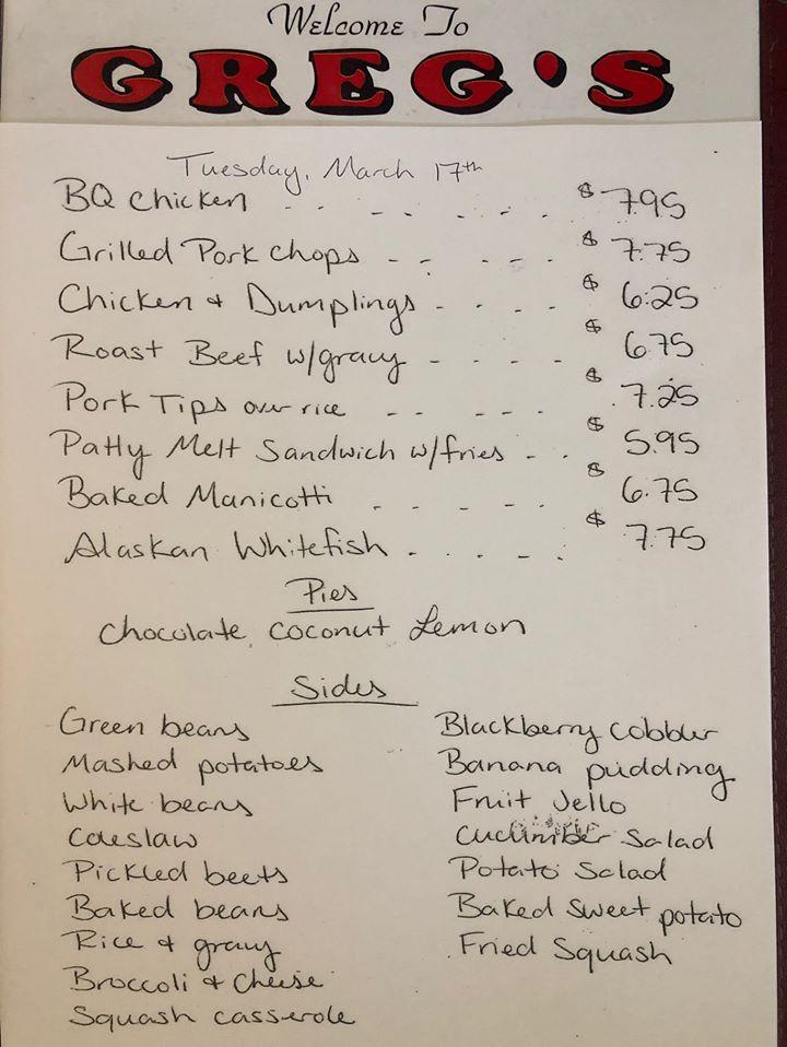 Menu at Greg's Famous Barbeque, Statesville