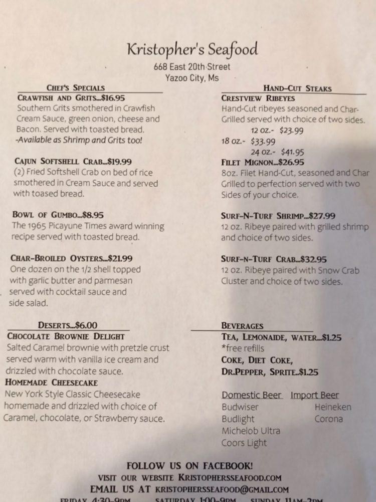 Menu at Kristopher's Restaurant Seafood and more, Yazoo City