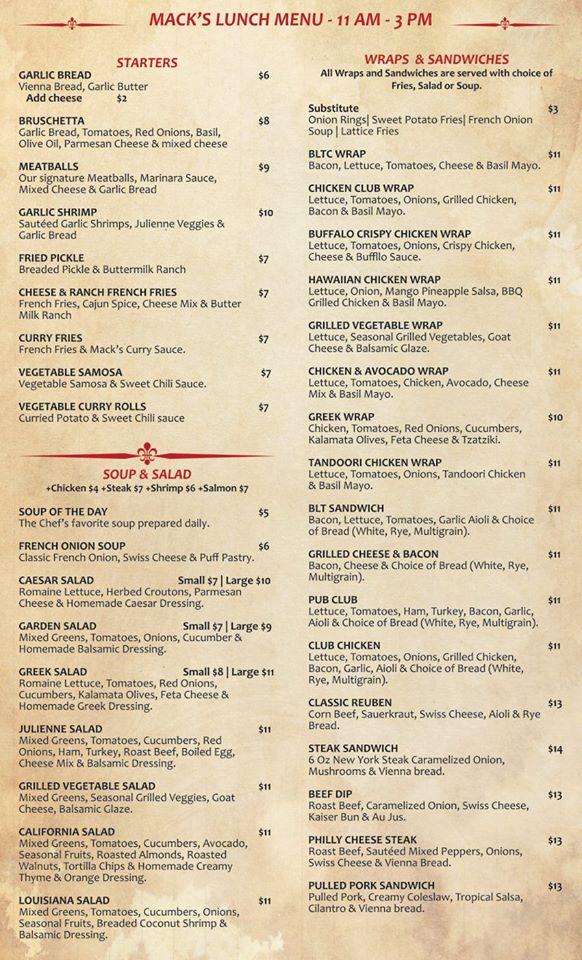 Menu at Mackenzie Pub, Ajax