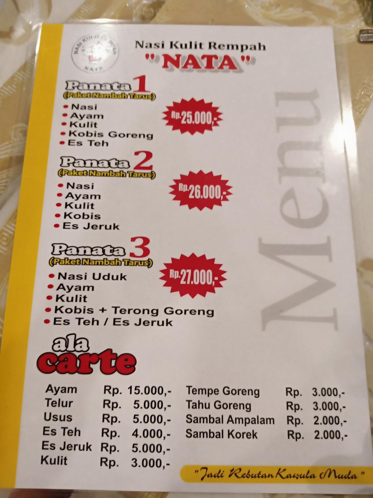 Menu at Nasi Kulit Rempah Nata restaurant, Balikpapan