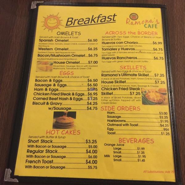 Menu at Ramona's Cafe, Lordsburg