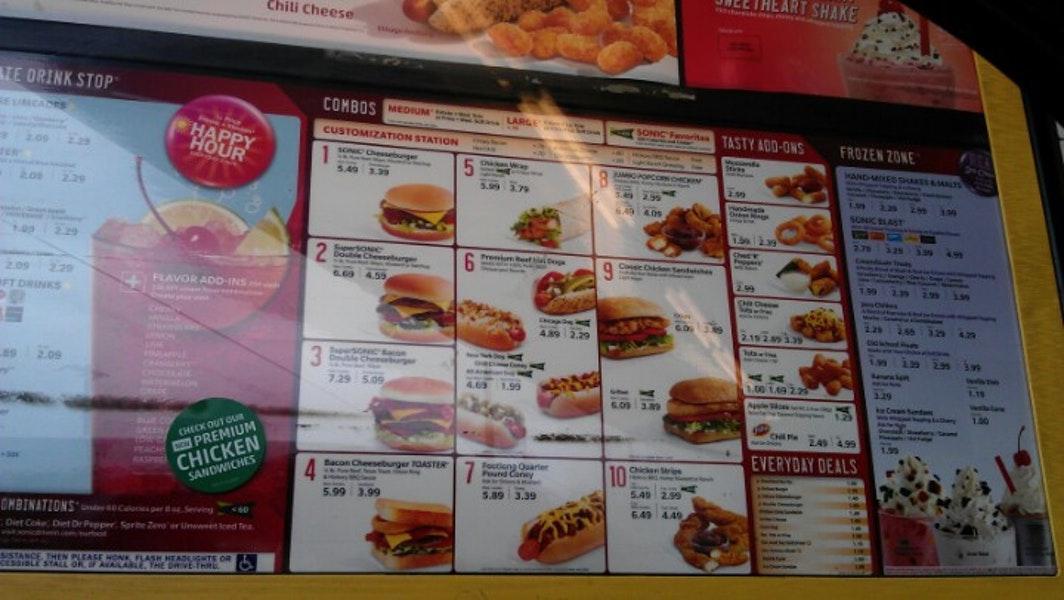 Menu at Sonic Drive-In fast food, Dallas, Ross Ave