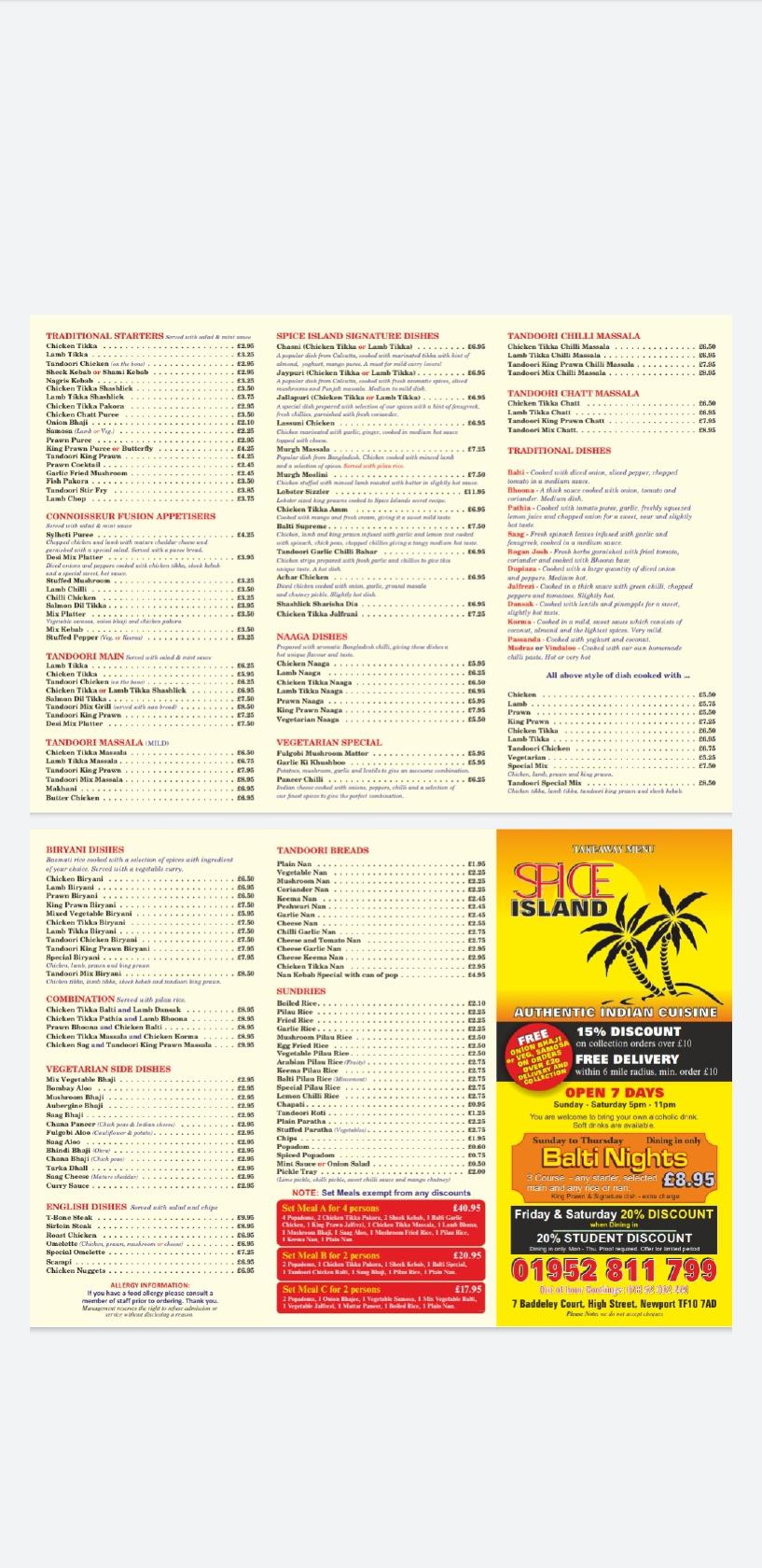 Menu at Spice Island restaurant, Newport