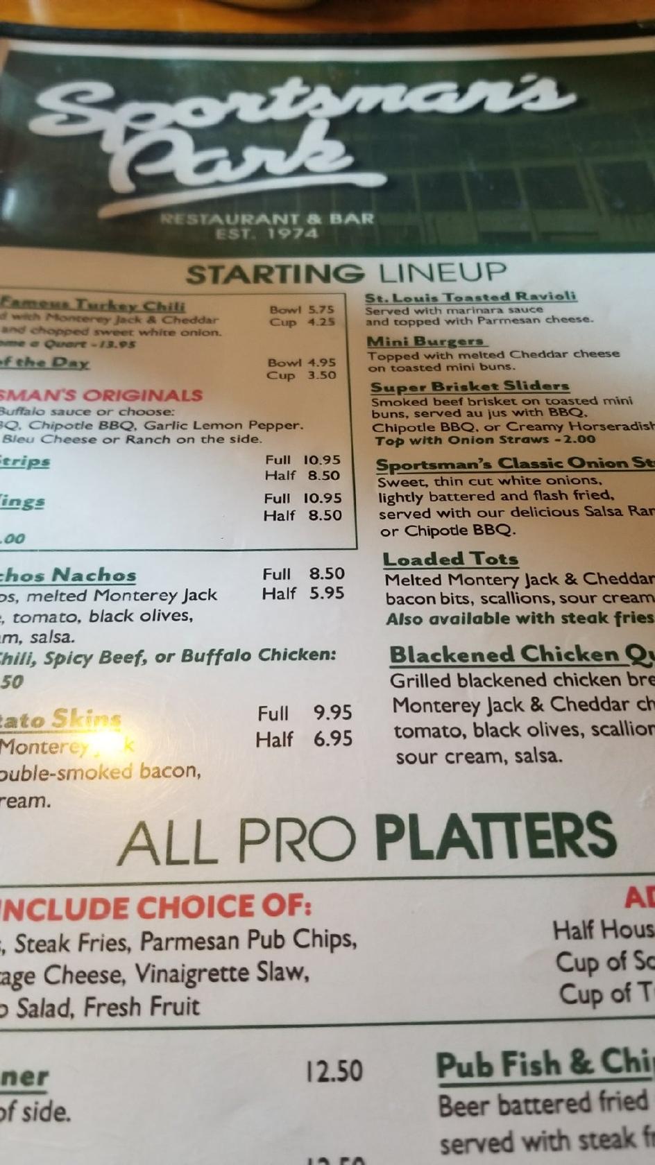 Menu at Sportsmans Park Restaurant & Bar, Ladue