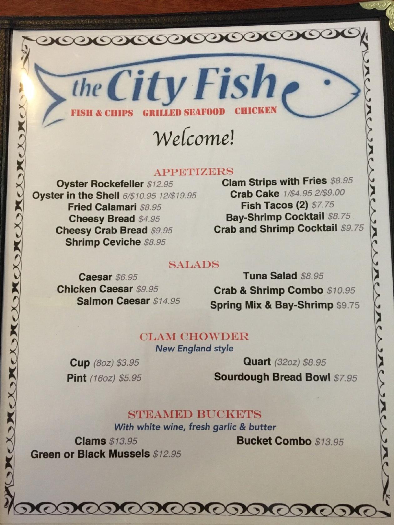 Menu at The City Fish restaurant, Morgan Hill