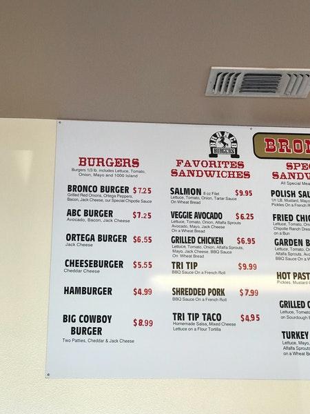 Menu at Bronco Burger restaurant, Paso Robles