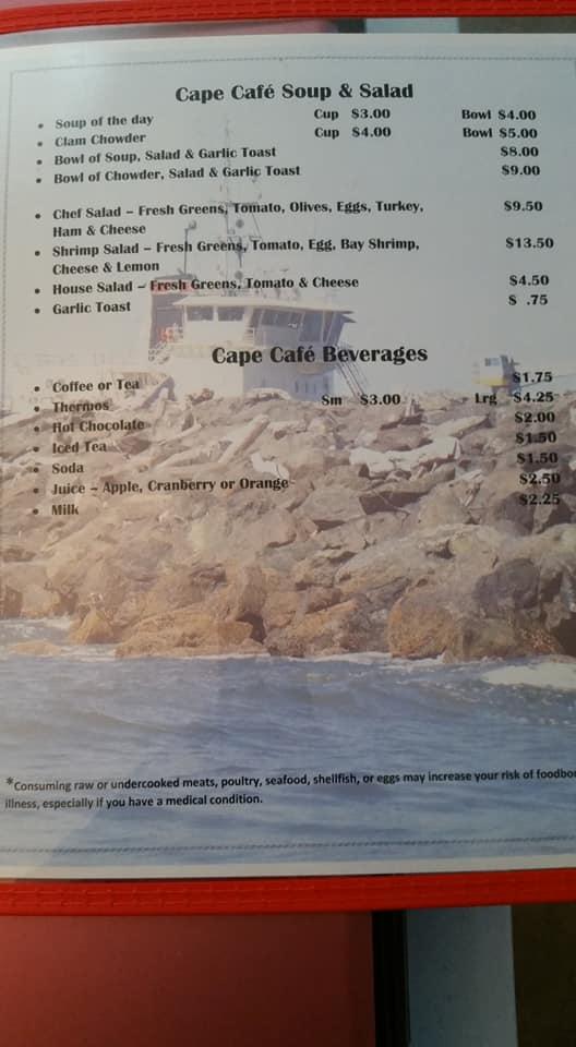 Menu at Cape Cafe, Coos Bay