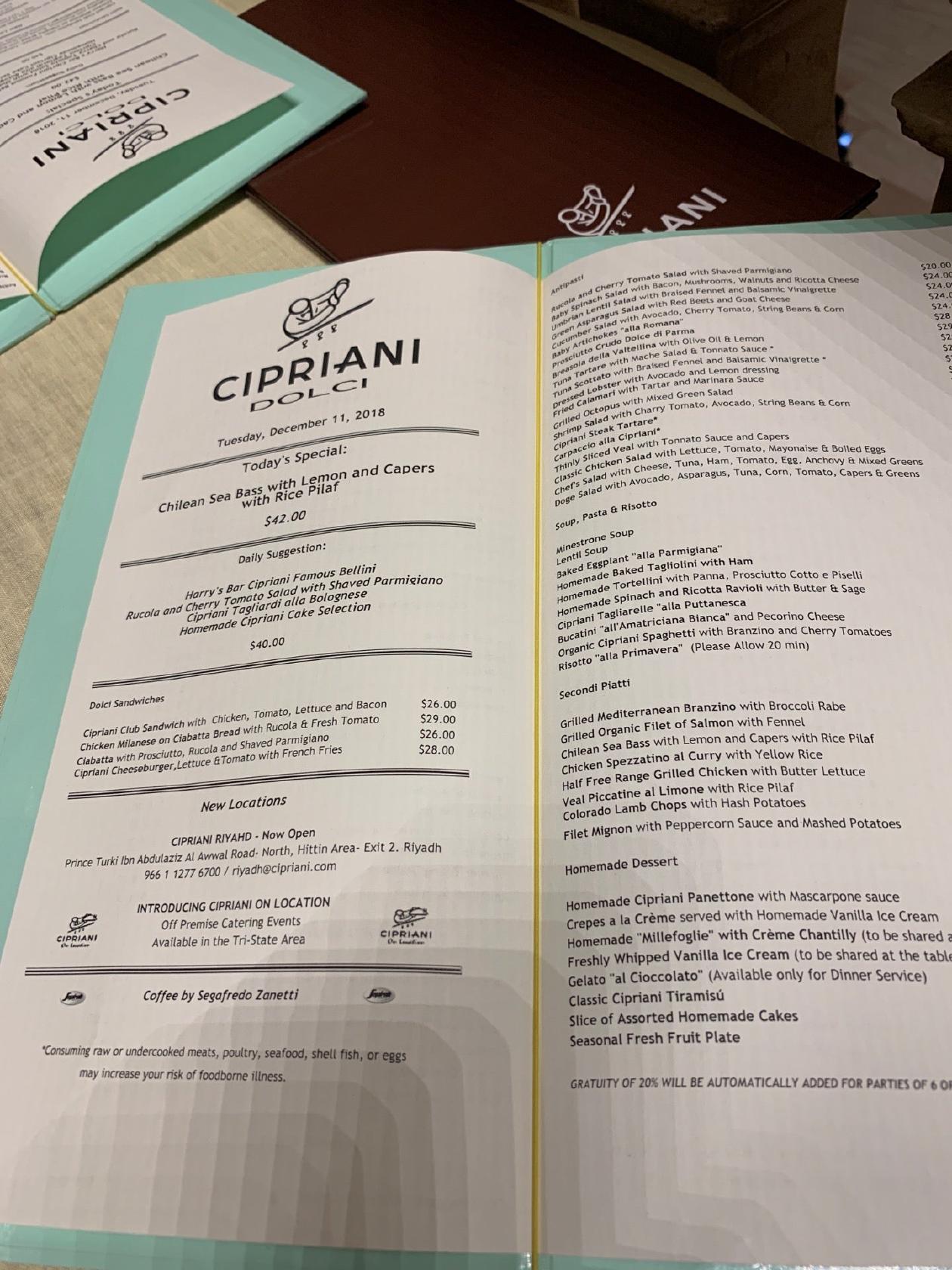 Menu at Cipriani Dolci restaurant, West New York