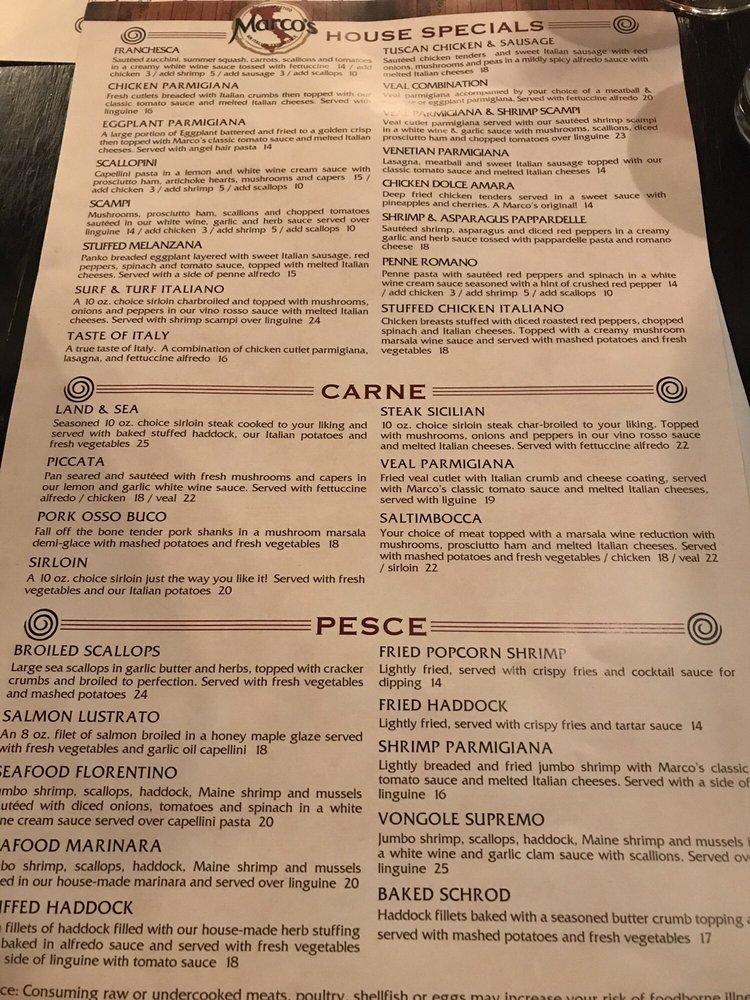 Menu at Marco's restaurant, Lewiston