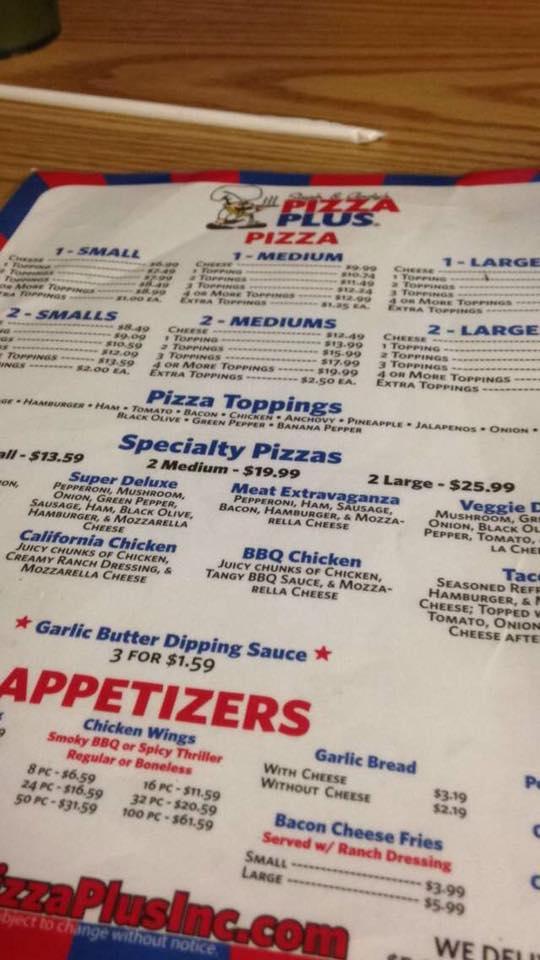 Menu at Pizza Plus pizzeria, Bean Station, US-11W