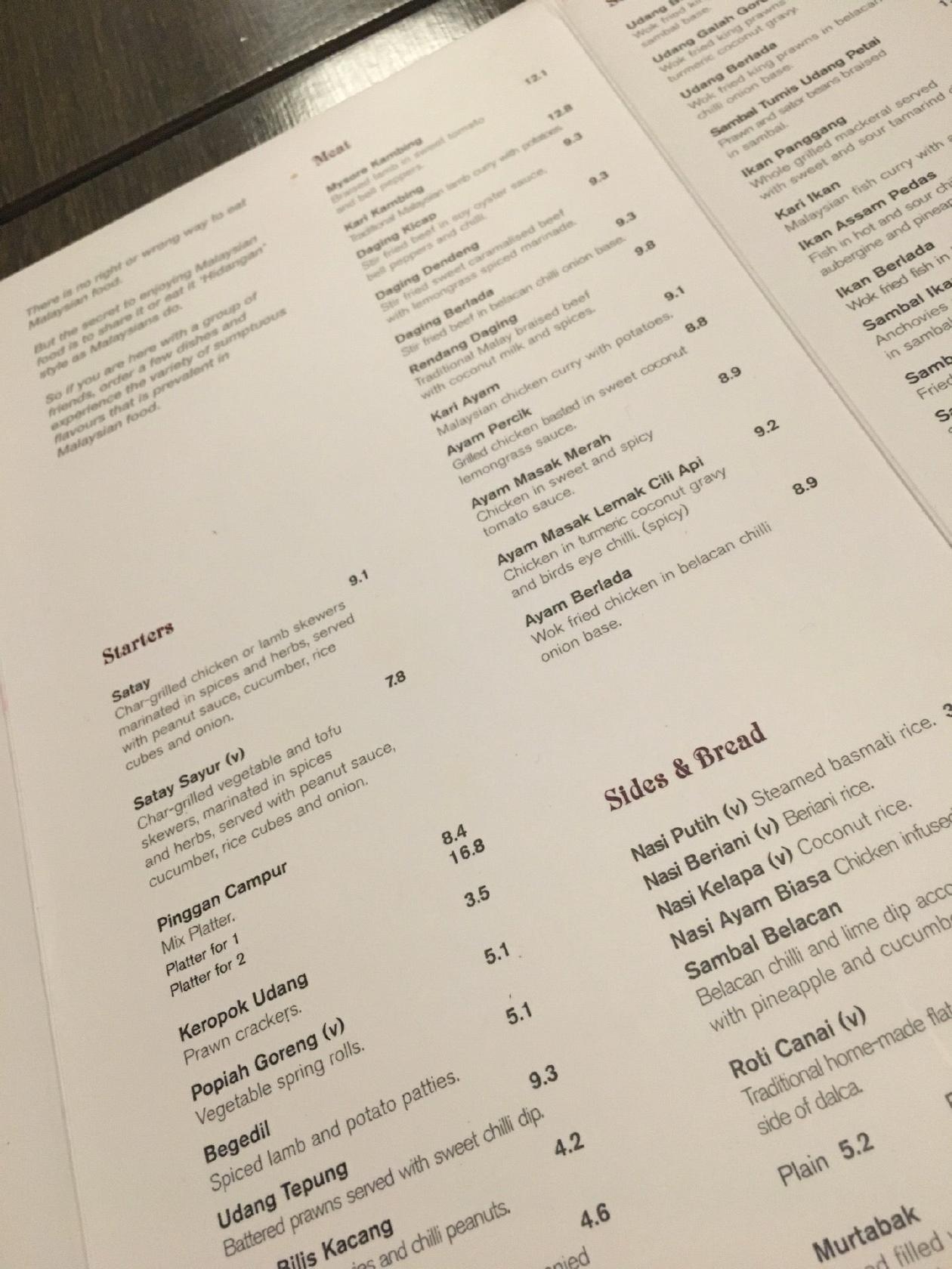 Menu at Satay House Malaysian Restaurant, London