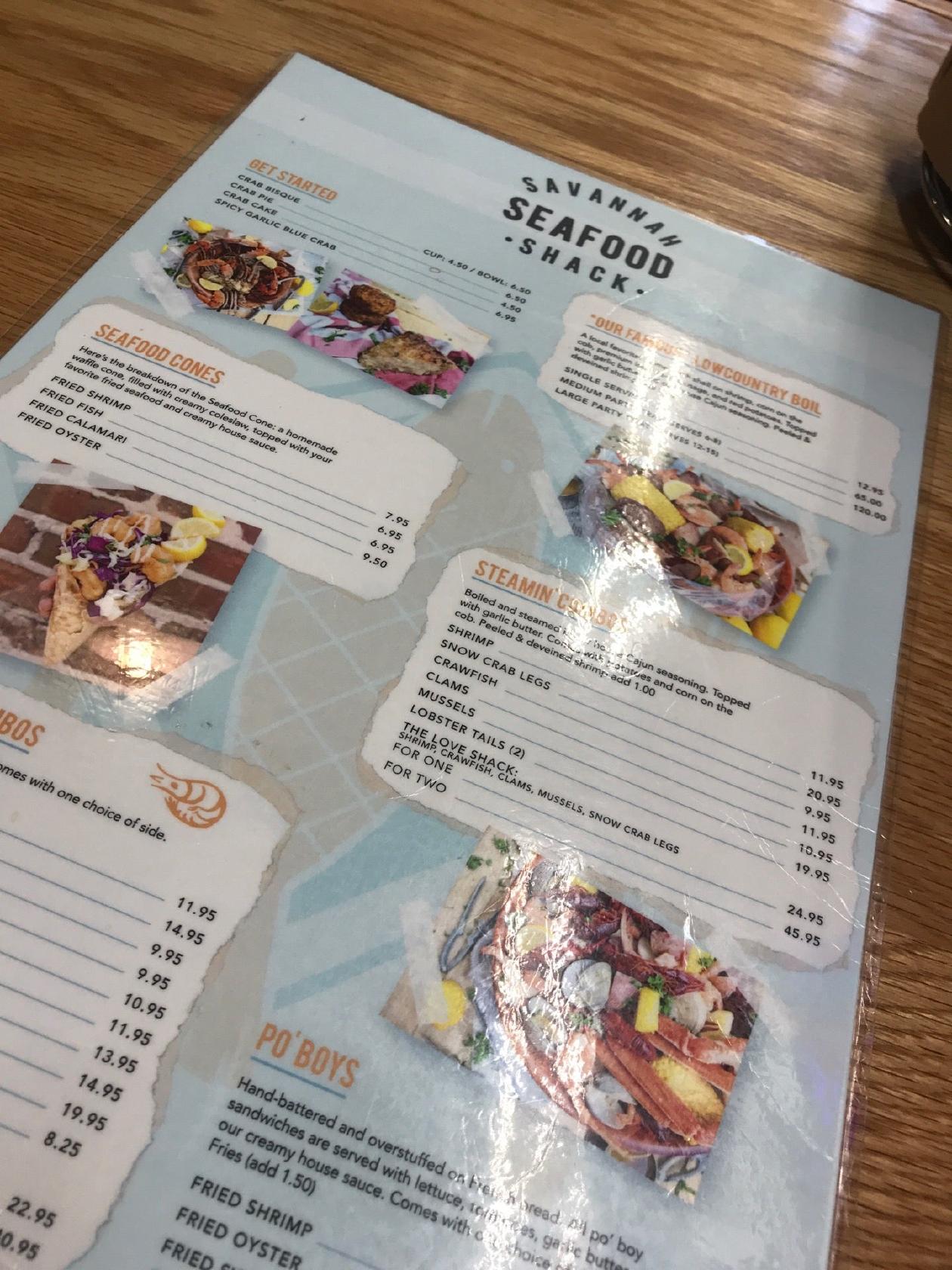 Menu at Savannah Seafood Shack restaurant, Savannah