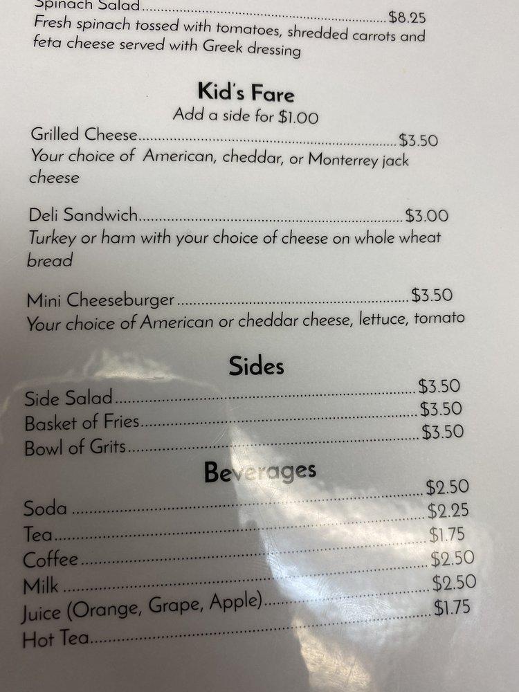 Menu at Strickland's restaurant, Seneca