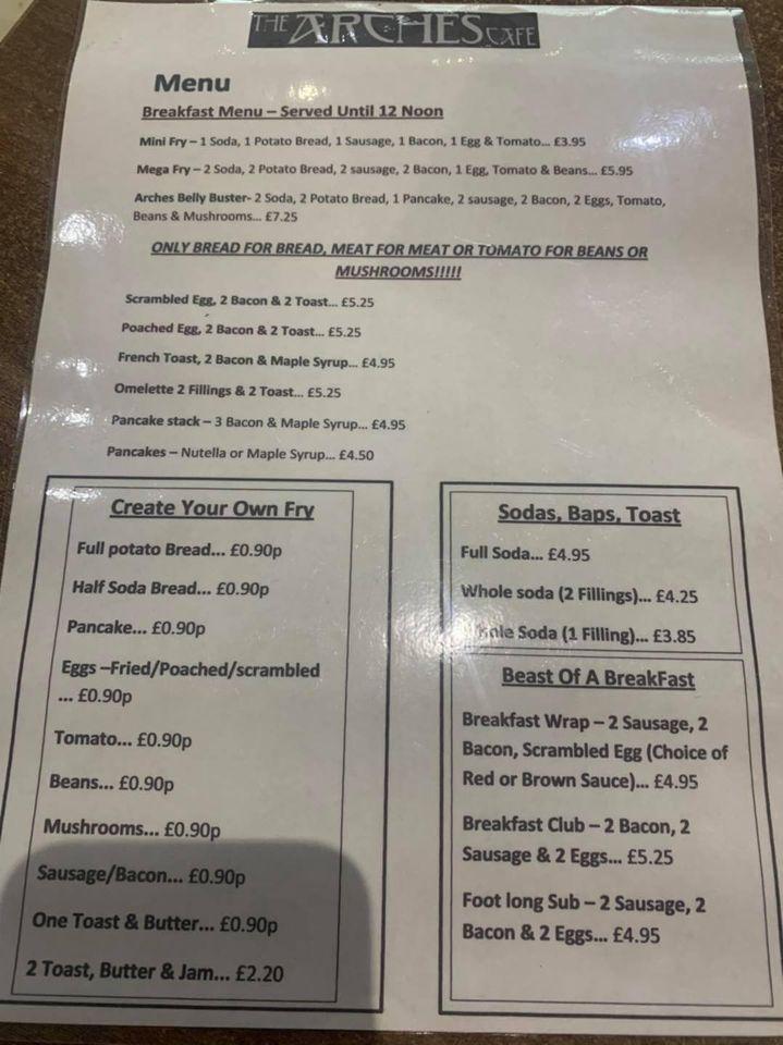 Menu at The Arches Cafe, Belfast