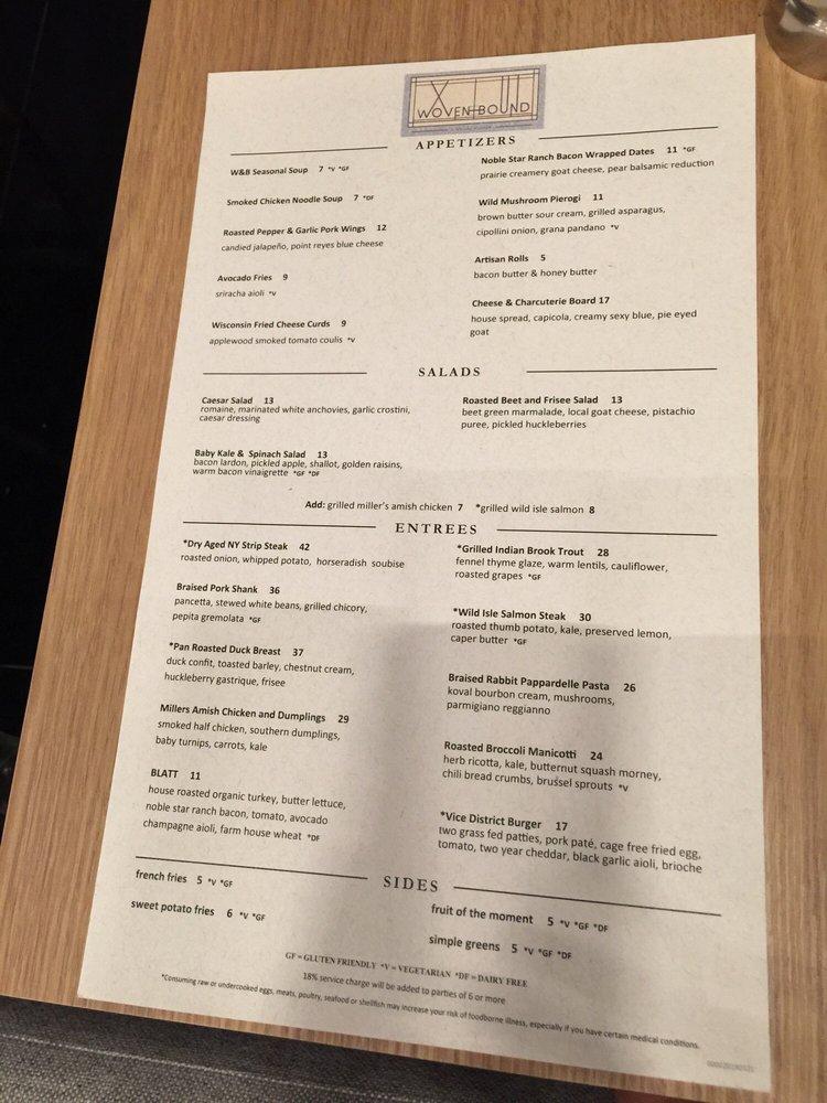 Menu at Woven + Bound Restaurant, Chicago