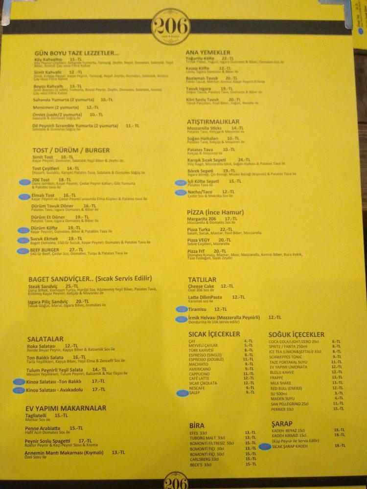 Menu at 206, Istanbul