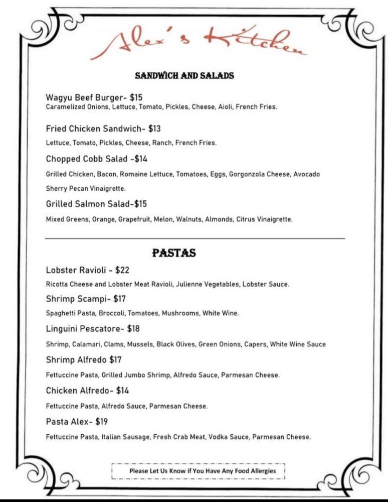 Menu at Alex's Kitchen restaurant, Missouri City