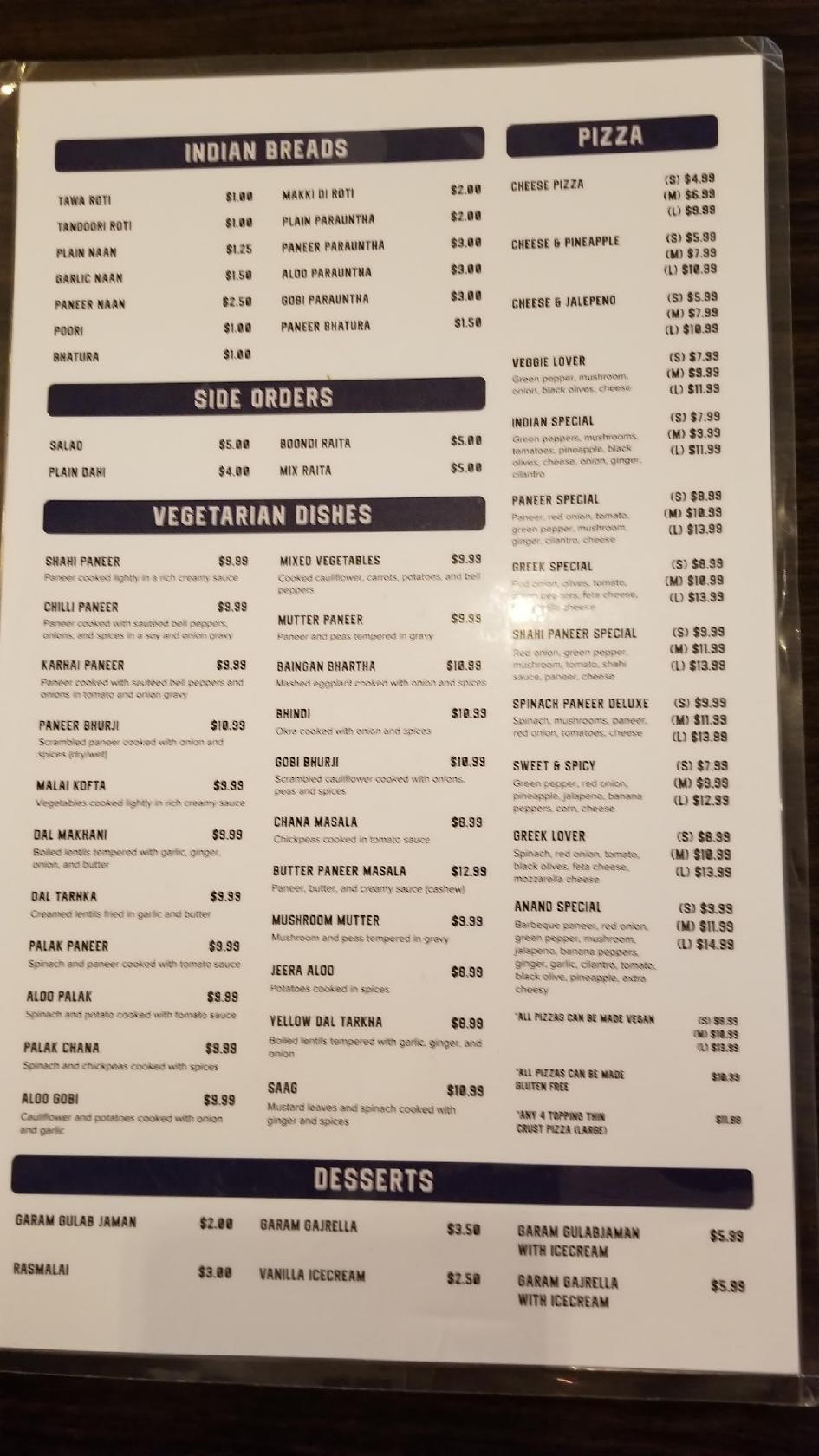 Menu at Anand Pizza & Sweet Shop Ltd pizzeria, Surrey, 72 Ave