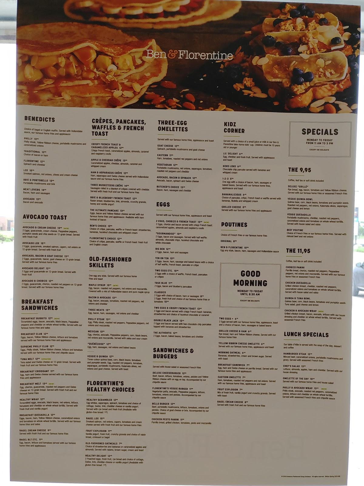 Menu at Ben & Florentine restaurant, Winnipeg, 155 Scurfield Blvd
