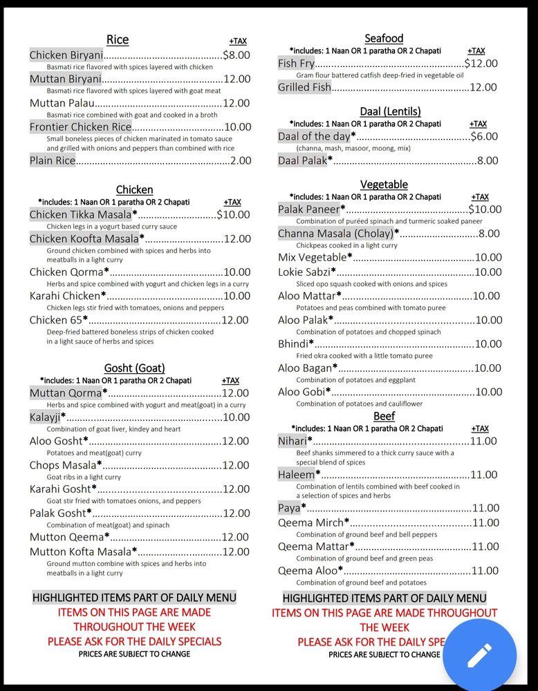 Menu at Bismillah Restaurant, Chicago