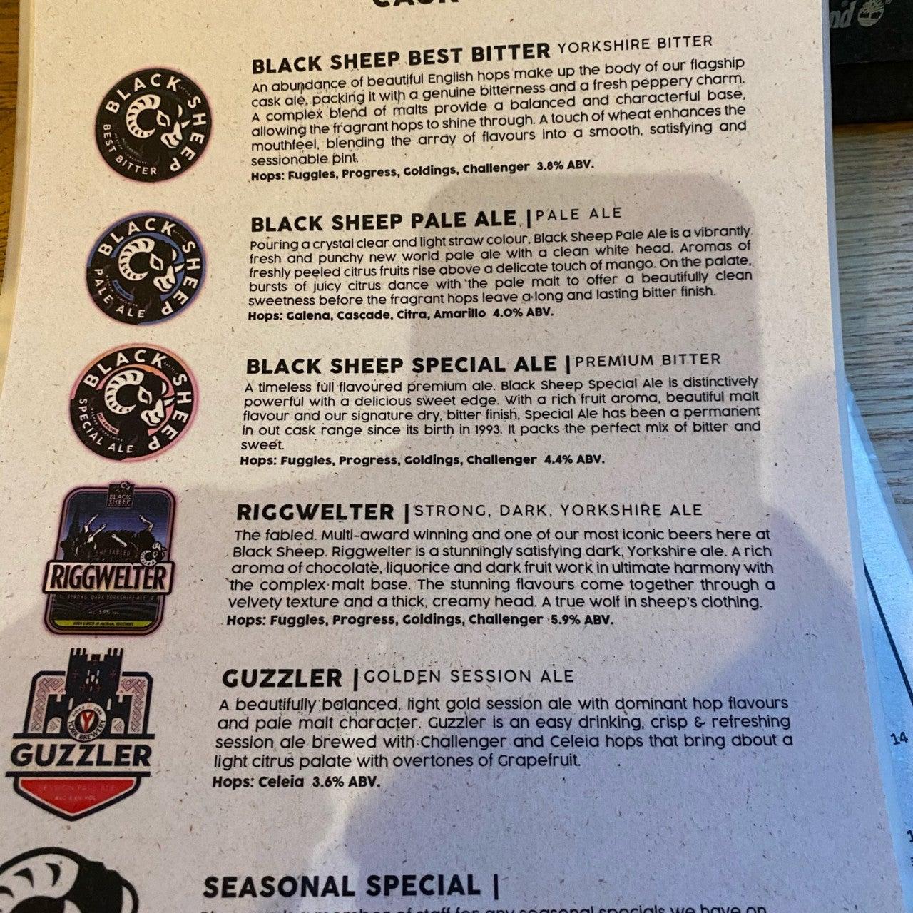 Menu at Black Sheep Brewery pub & bar, Masham, Wellgarth House