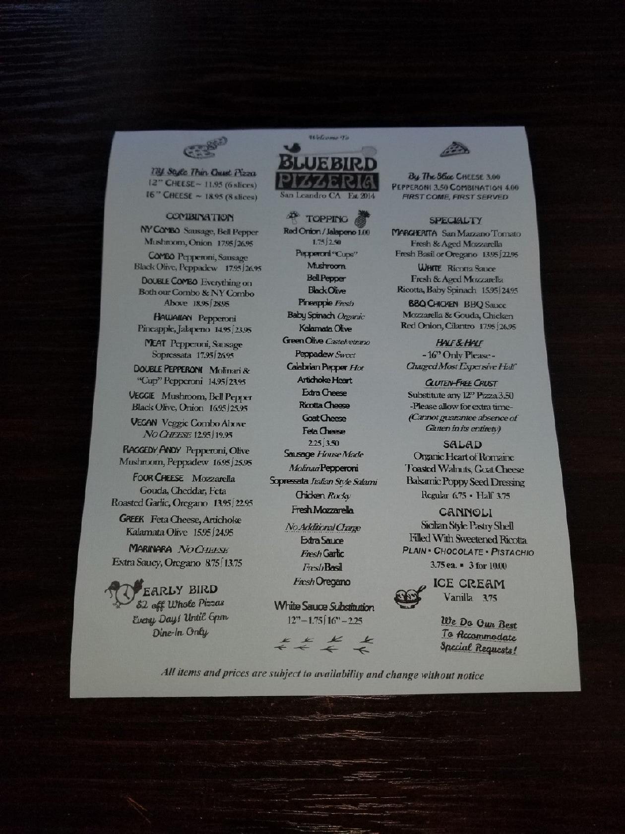Menu at Bluebird Pizzeria, San Leandro