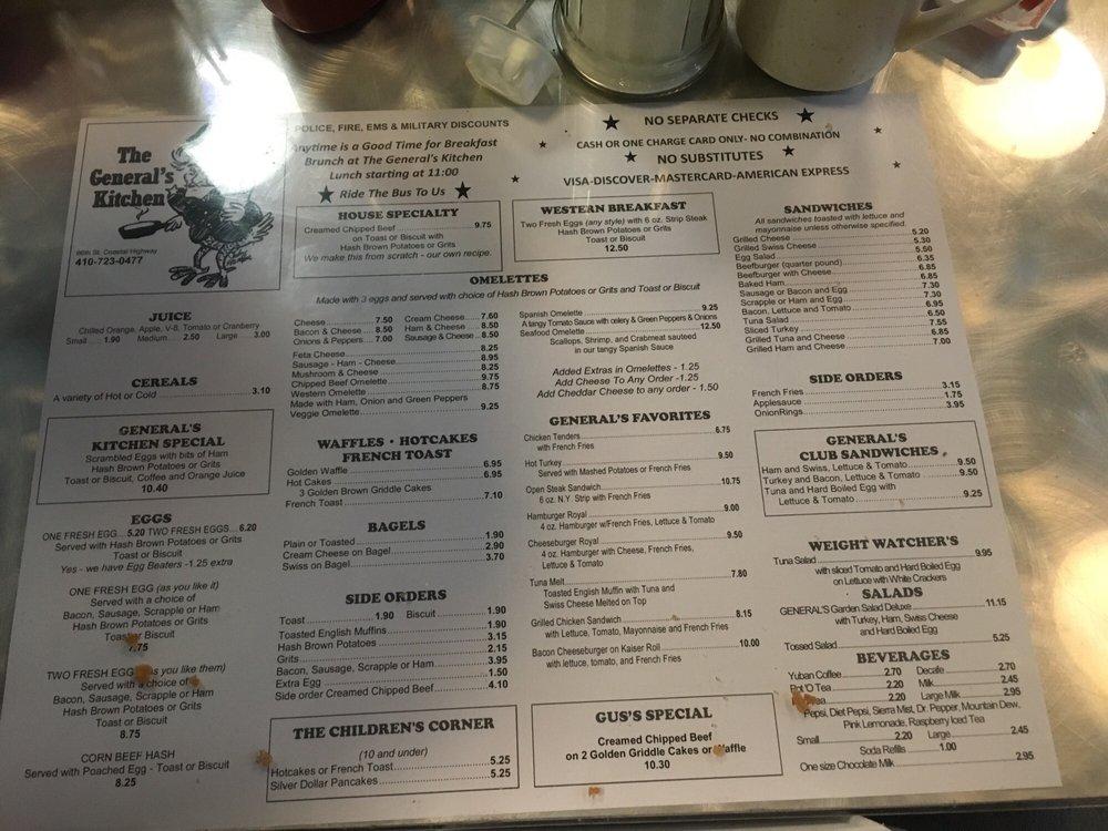 Menu at General's Kitchen restaurant, Ocean City