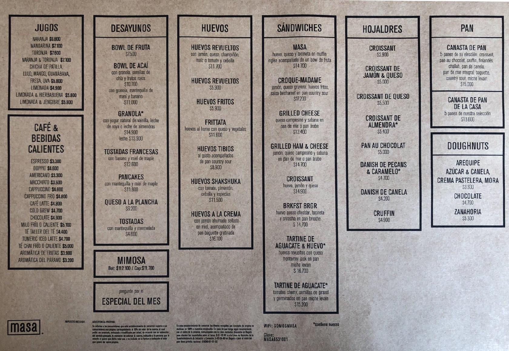 Carta del restaurante MASA 105, Bogotá, Cl. 105 #18a - 68