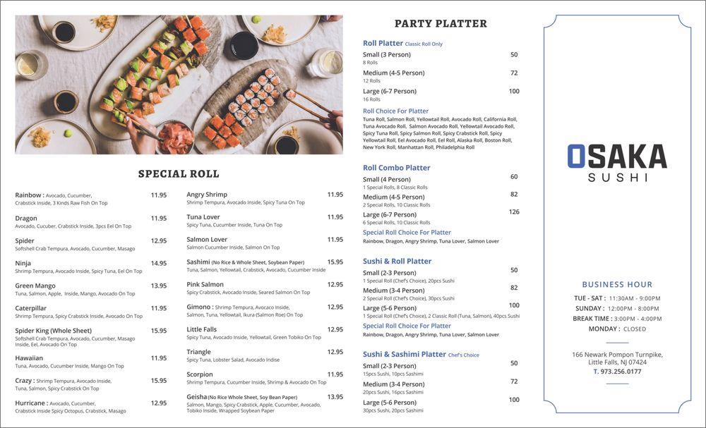 Menu at Osaka Sushi restaurant, Little Falls