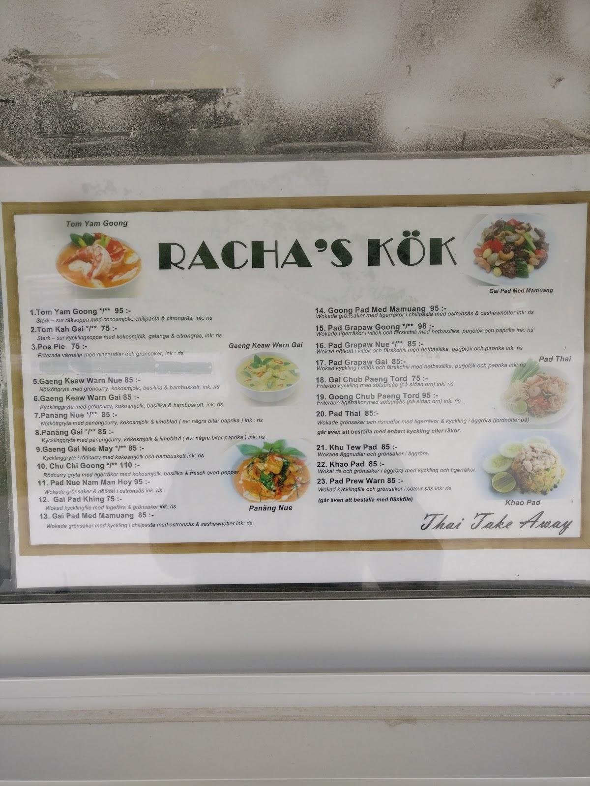 Menu at Racha's Kök restaurant, Björnänge