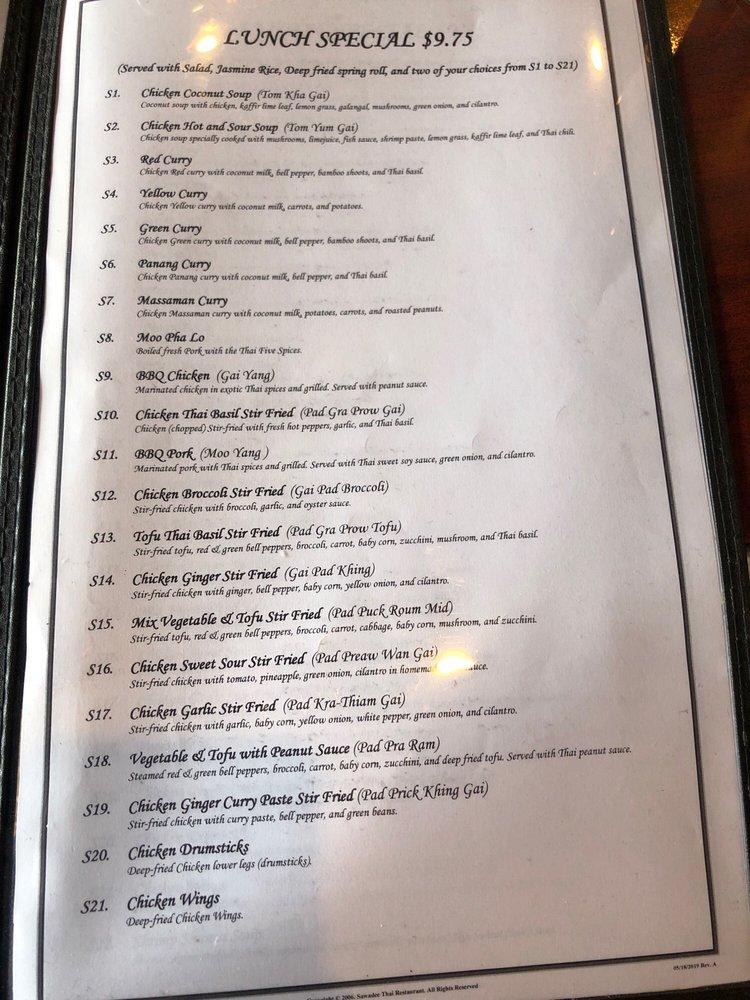Menu at Sawadee (Utah) Thai Restaurant, Salt Lake City
