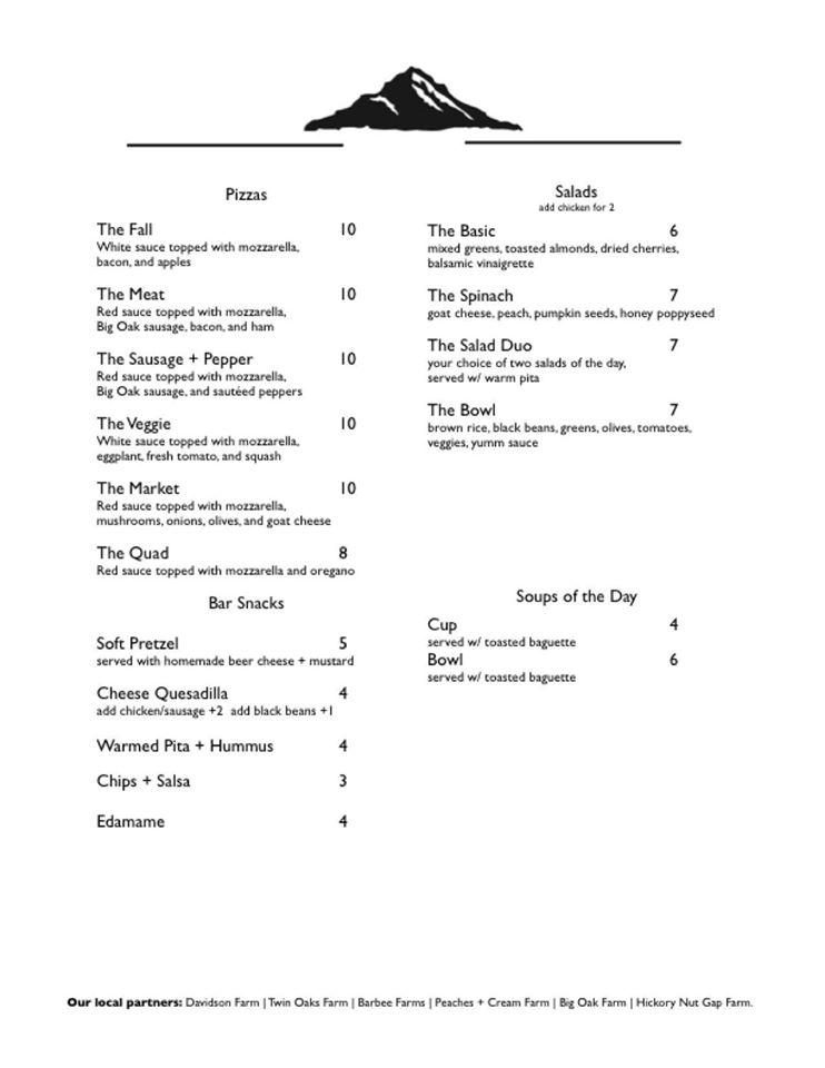 Menu at Summit Coffee Outpost pub & bar, Davidson