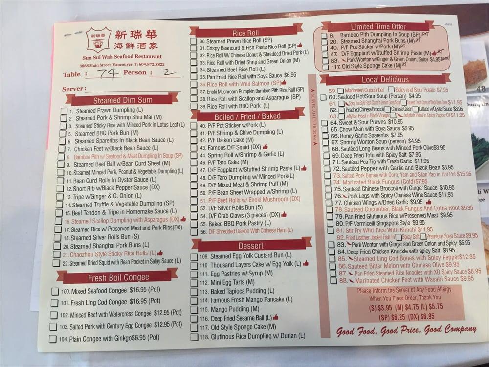 Menu at Sun Sui Wah Seafood Restaurant, Vancouver