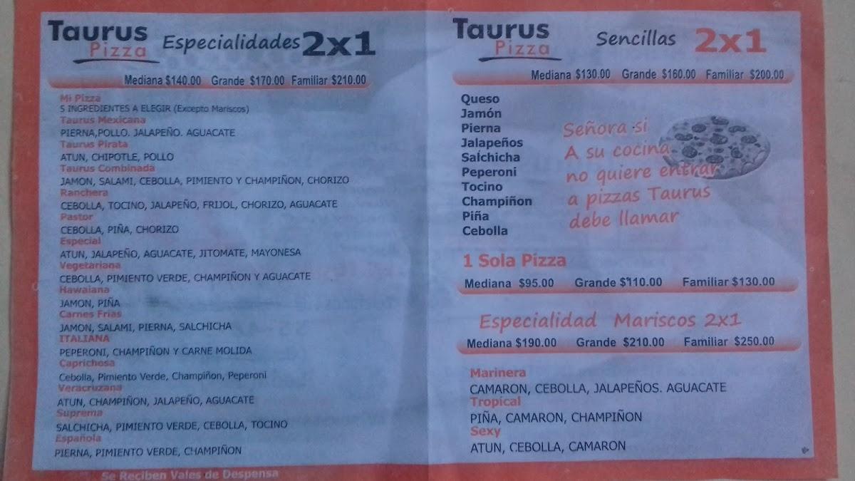 Menu at Taurus Pizza restaurant, Tequisistlán