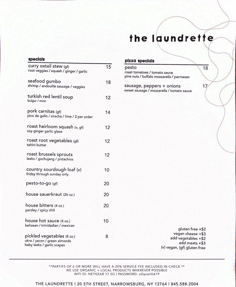 Menu at The Laundrette pub & bar, Narrowsburg