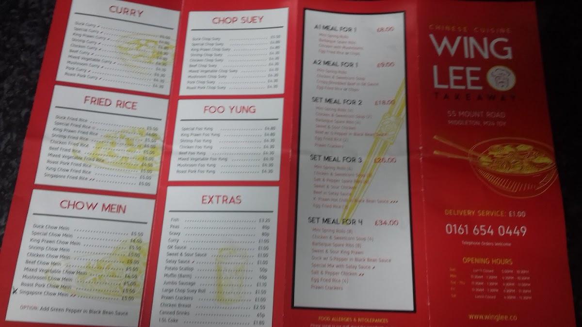 Menu at Wing Lee (Middleton) restaurant, Manchester, 55 Mount Rd